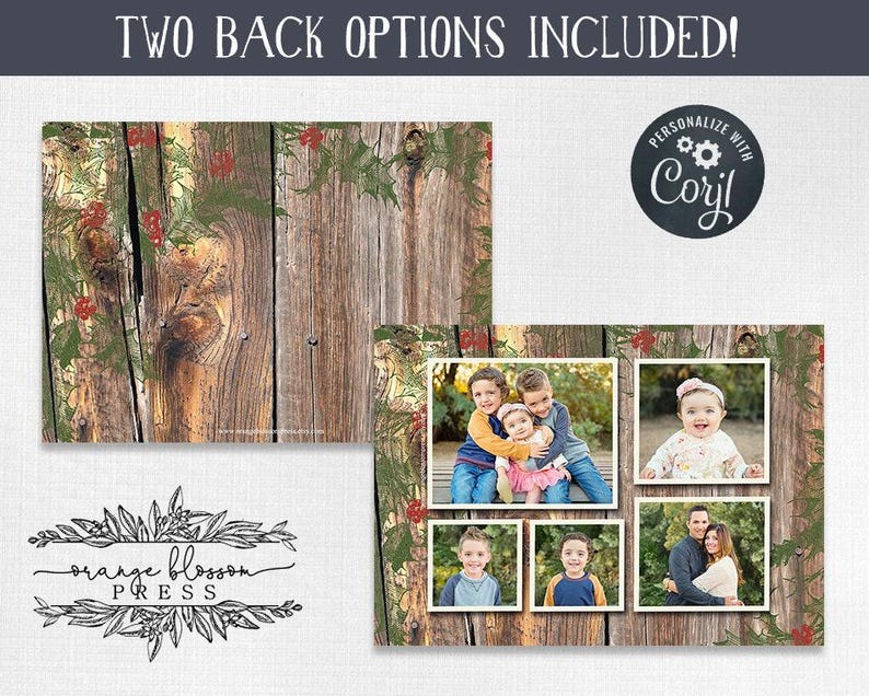Photo Christmas Holiday Card, Rustic Christmas Card, Barn Wood, Holly ...