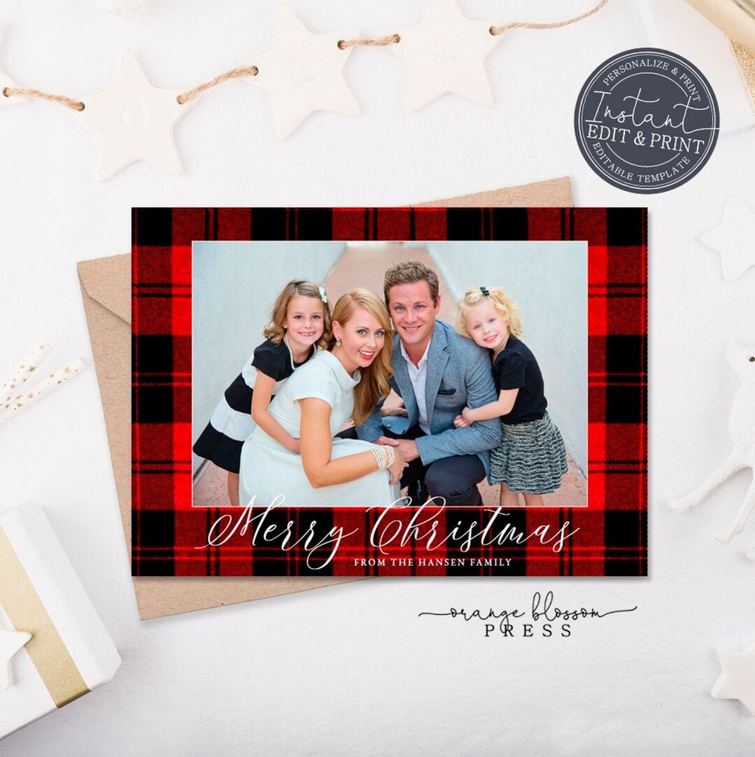 Buffalo Plaid Photo Christmas Card, Holiday Card, Red and Black ...