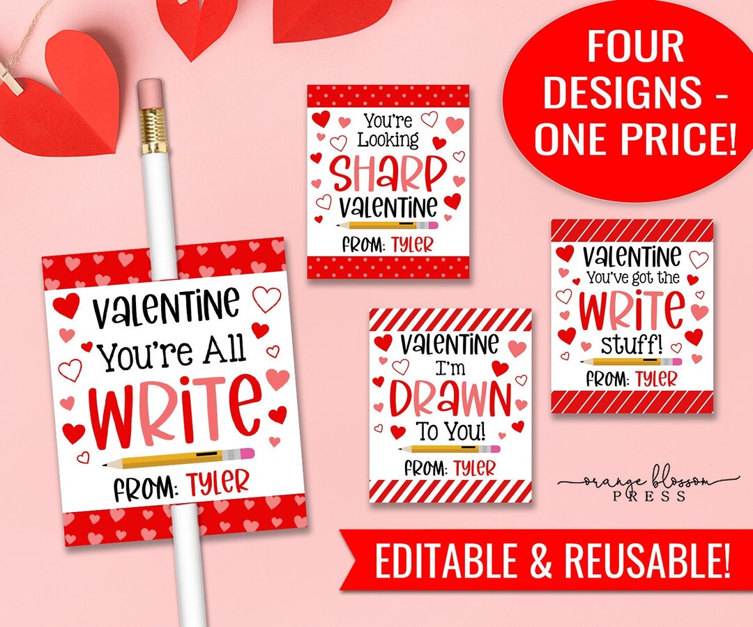 Editable Pencil Valentine Tag, Note Pen Valentines, Writing ...