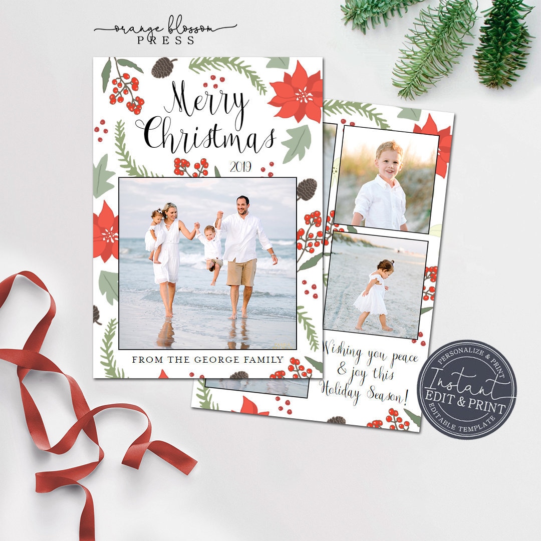 Photo Christmas Card, Personalized Holiday Card, Poinsettia, Holly ...