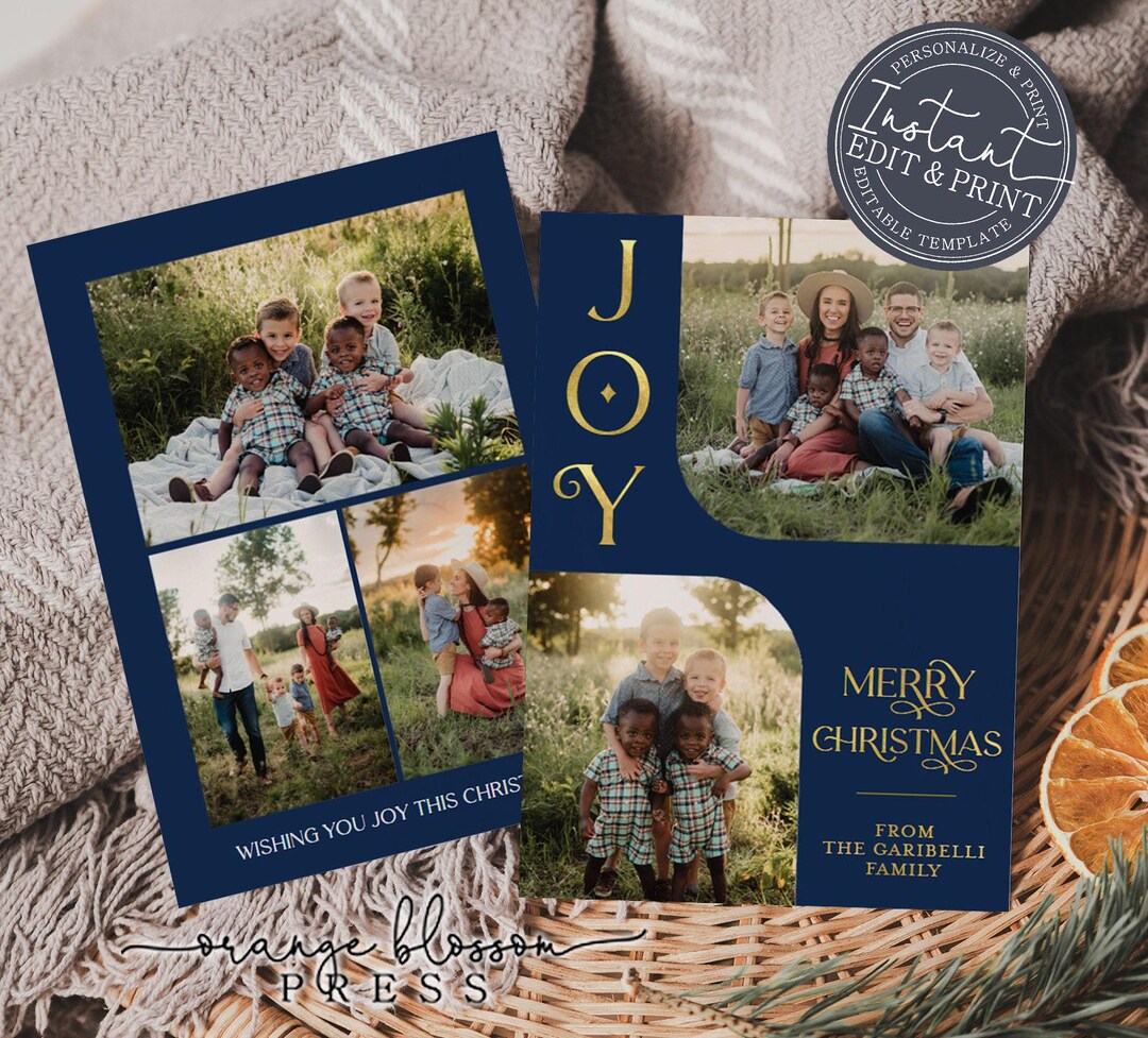 Photo Christmas Card, Modern Holiday Card Template, Navy Blue Gold Foil ...