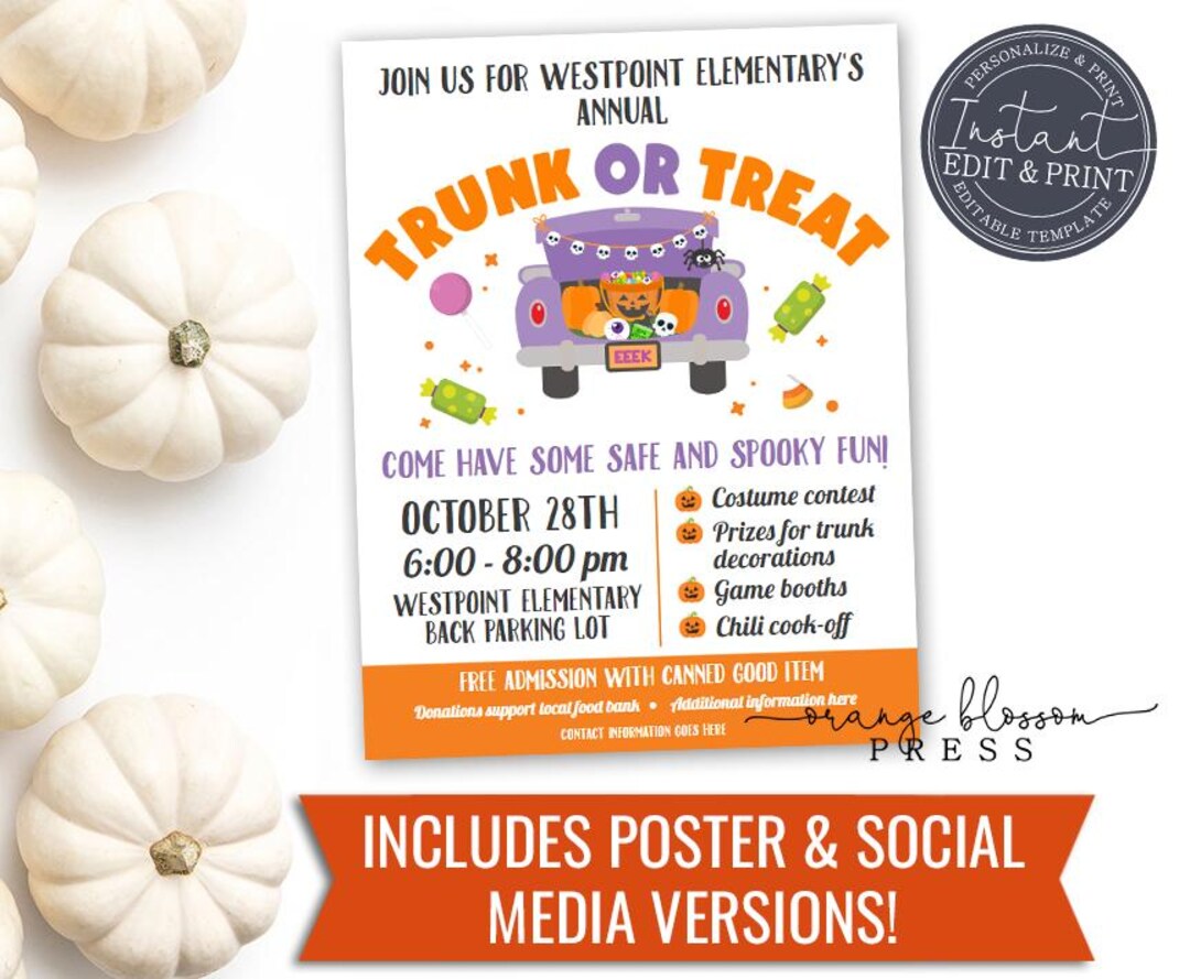 Halloween Trunk or Treat Invitation, Flyer Poster Social, Neighborhood ...