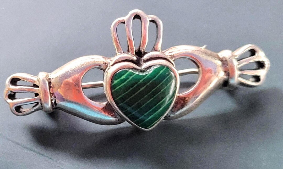 Vintage Claddagh Irish Celtic Wedding Brooch, Green Malachite Heart ...