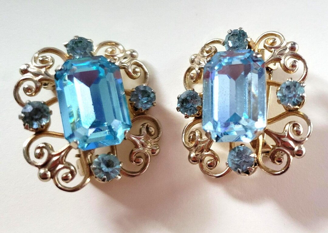 Vintage Coro Brooches Set: Aqua Crystal, Gold-tone 1950s Mid-century ...