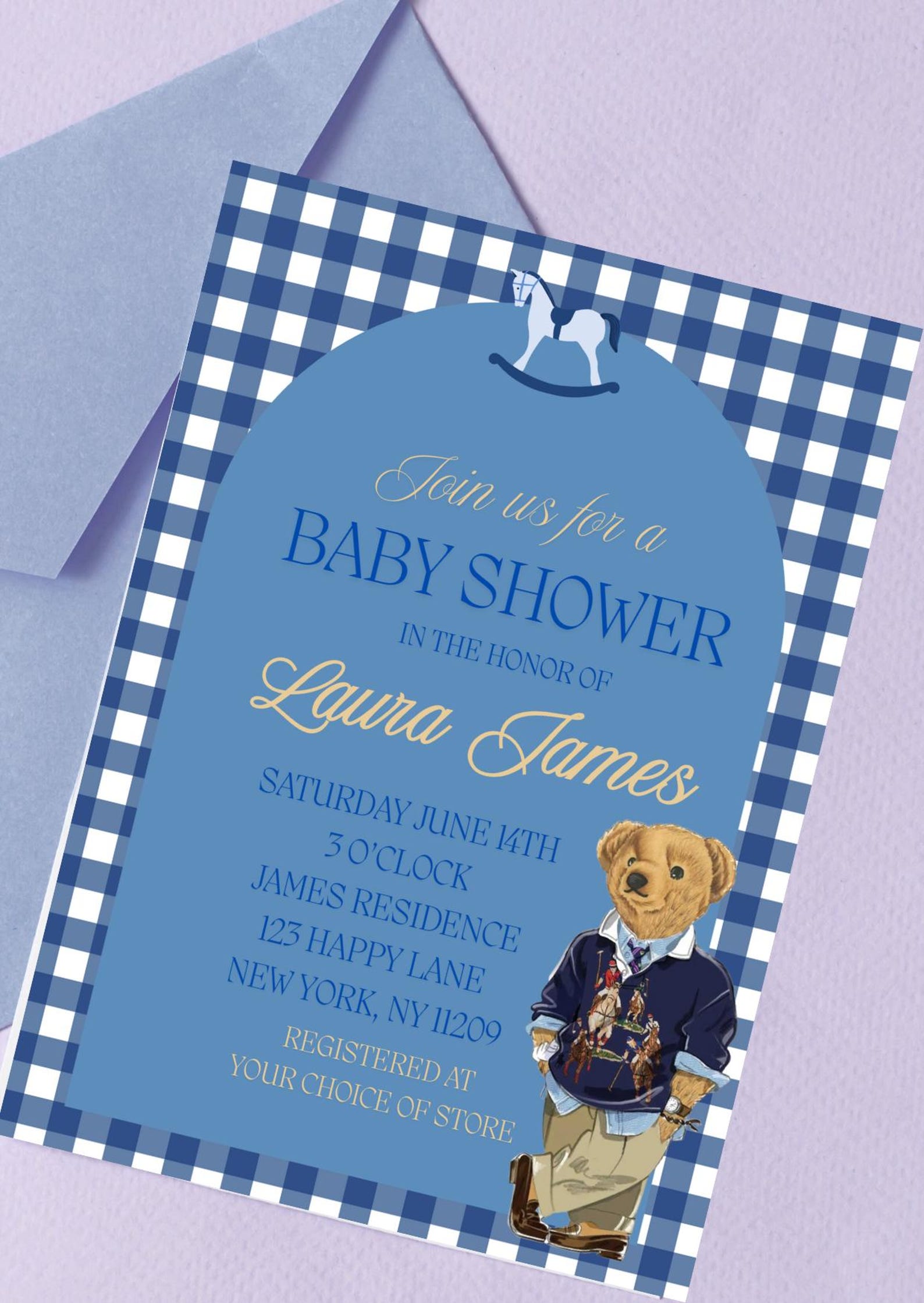 Blue Gingham Polo Ralph Lauren Baby Shower Invitation Template ...