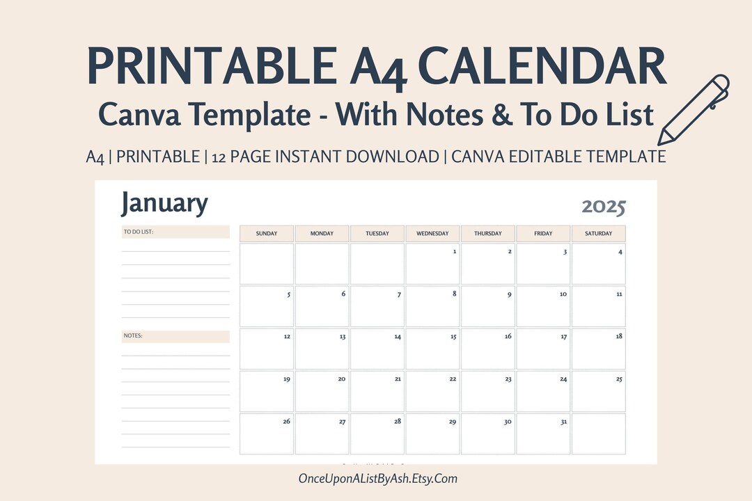 2025 Monthly Calendar Canva Template With Notes & to Do List ...