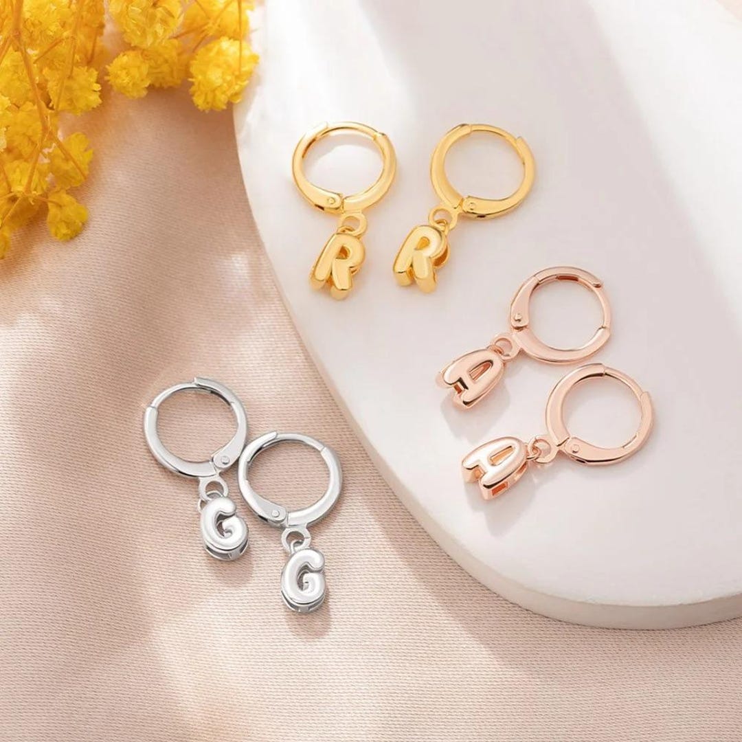 Personalized Balloon Letter Hoop Huggie Earrings | Custom 3D Bubble ...
