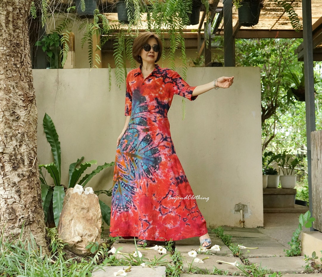 Boho Tie Dye Point Collar Half Sleeve Flare Maxi Dress Hippie Bohemian ...