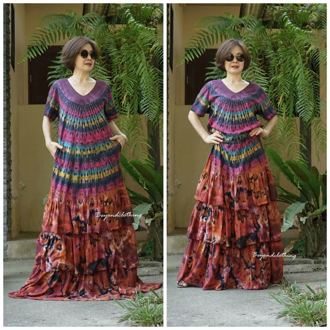 Boho Tie Dye Ruffle Tiered Maxi Dress, V Neck Short Sleeve Tie Dye ...