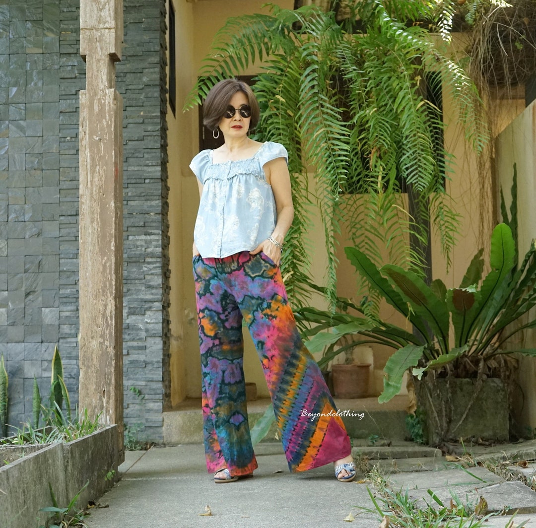 Boho Colorful Tie Dye Flare Hem Pants, Tie Dye Palazzo Pants, Festival ...
