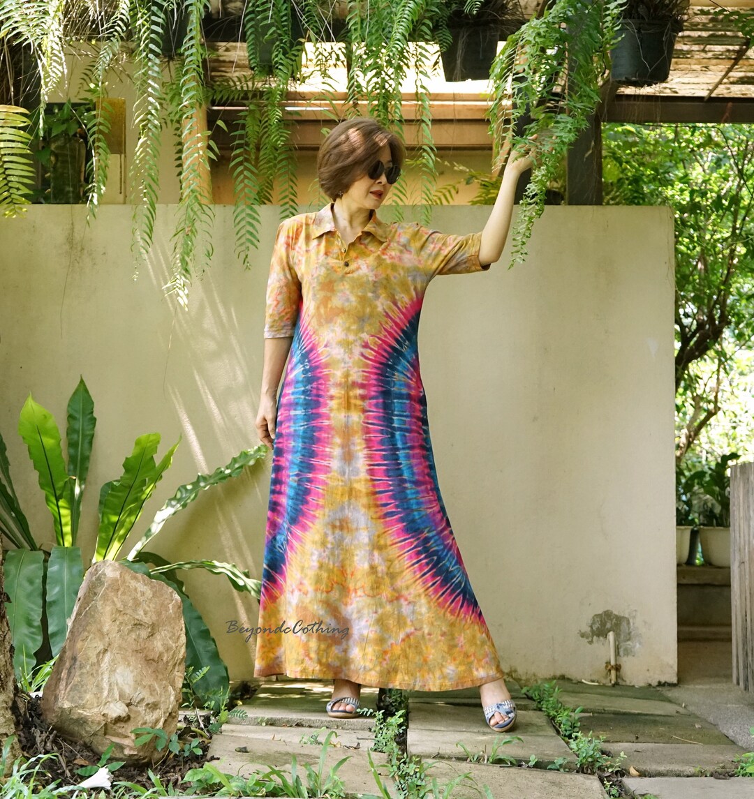 Boho Tie Dye Polint Collar Half Sleeve Flare Maxi Dress Hippie Bohemian ...