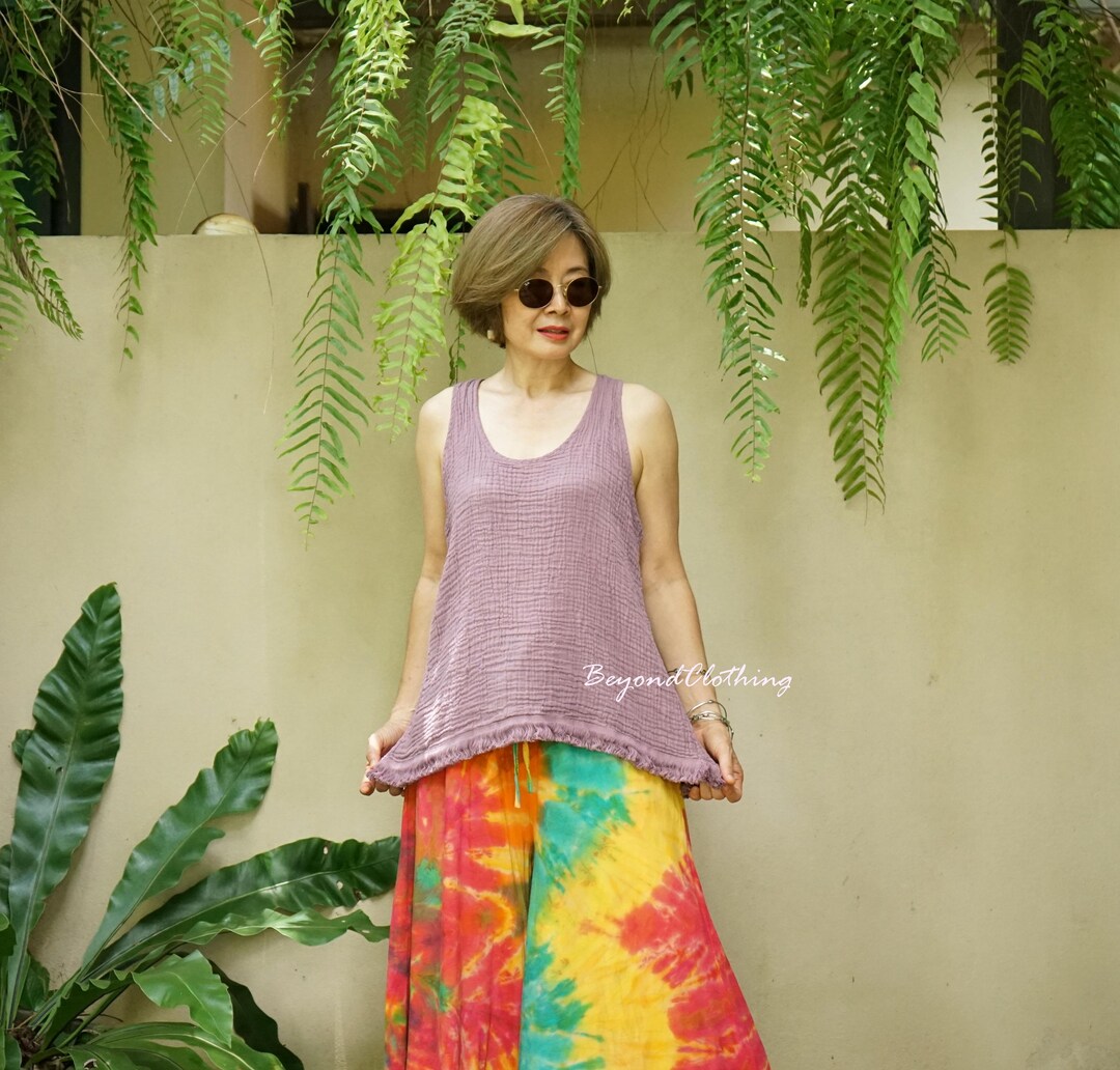 Dusty Lavender Double Cotton Gauze Tank Top: Sleeveless Boho Fringe Hem ...