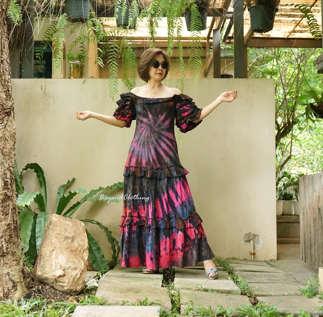 Tie Dye Layer Ruffle Sleeve off Shoulder Tiered Maxi Dress, Boho Tie ...