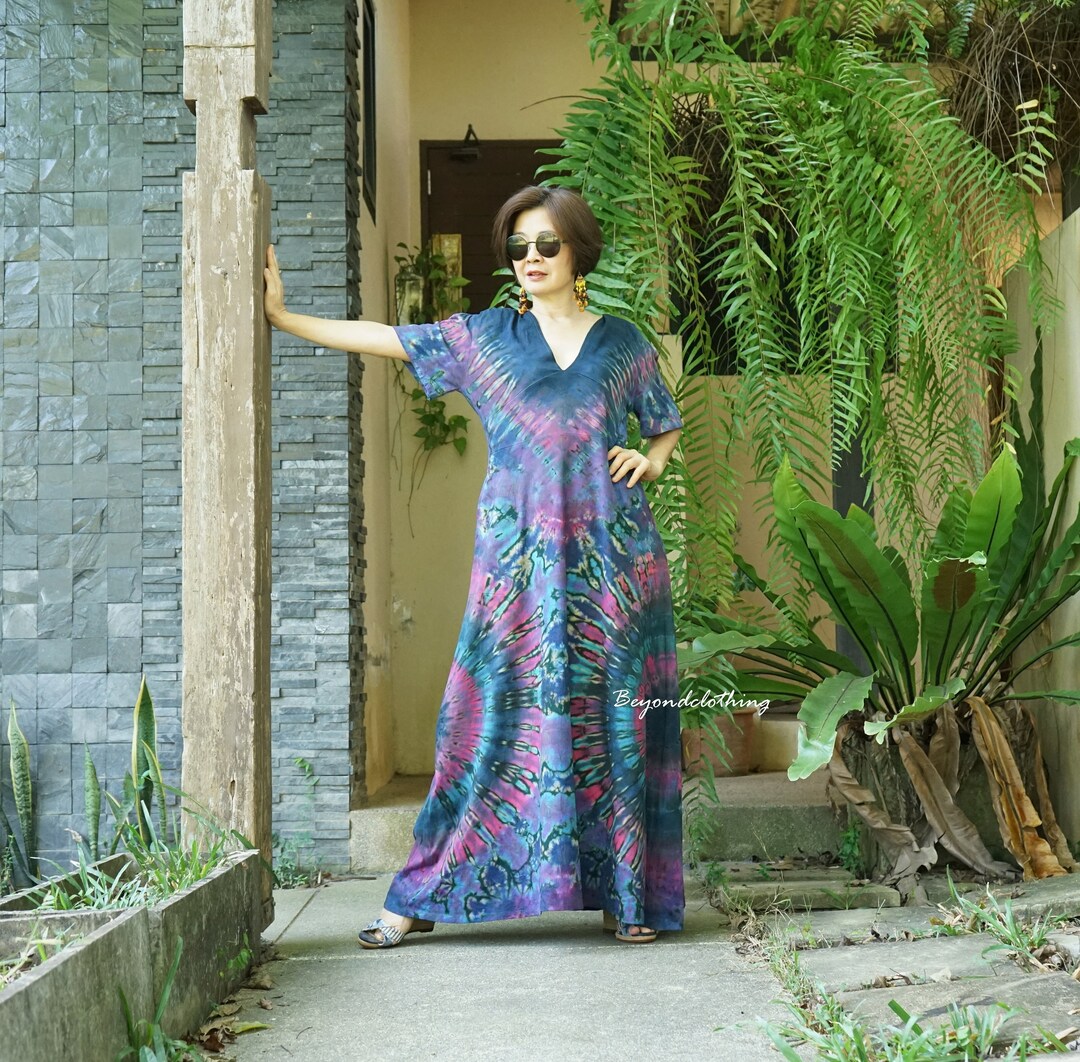 Boho Short Flare Sleeve Deep V Neck Rainbow Tie Dye Maxi Dress, Hippie ...