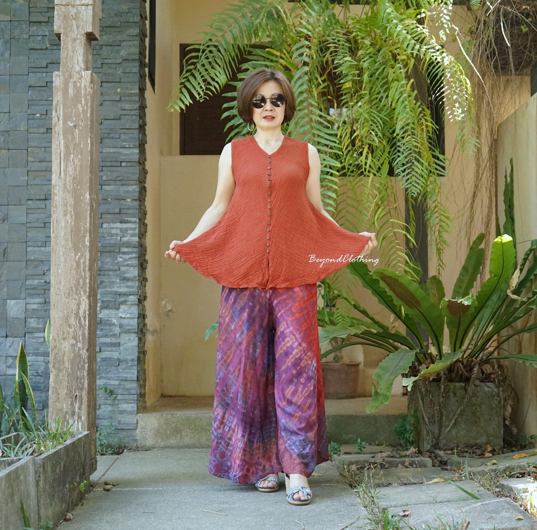 Women's Double Gauze Cotton Tank, Sleeveless V Neck Bias Cut Rust ...