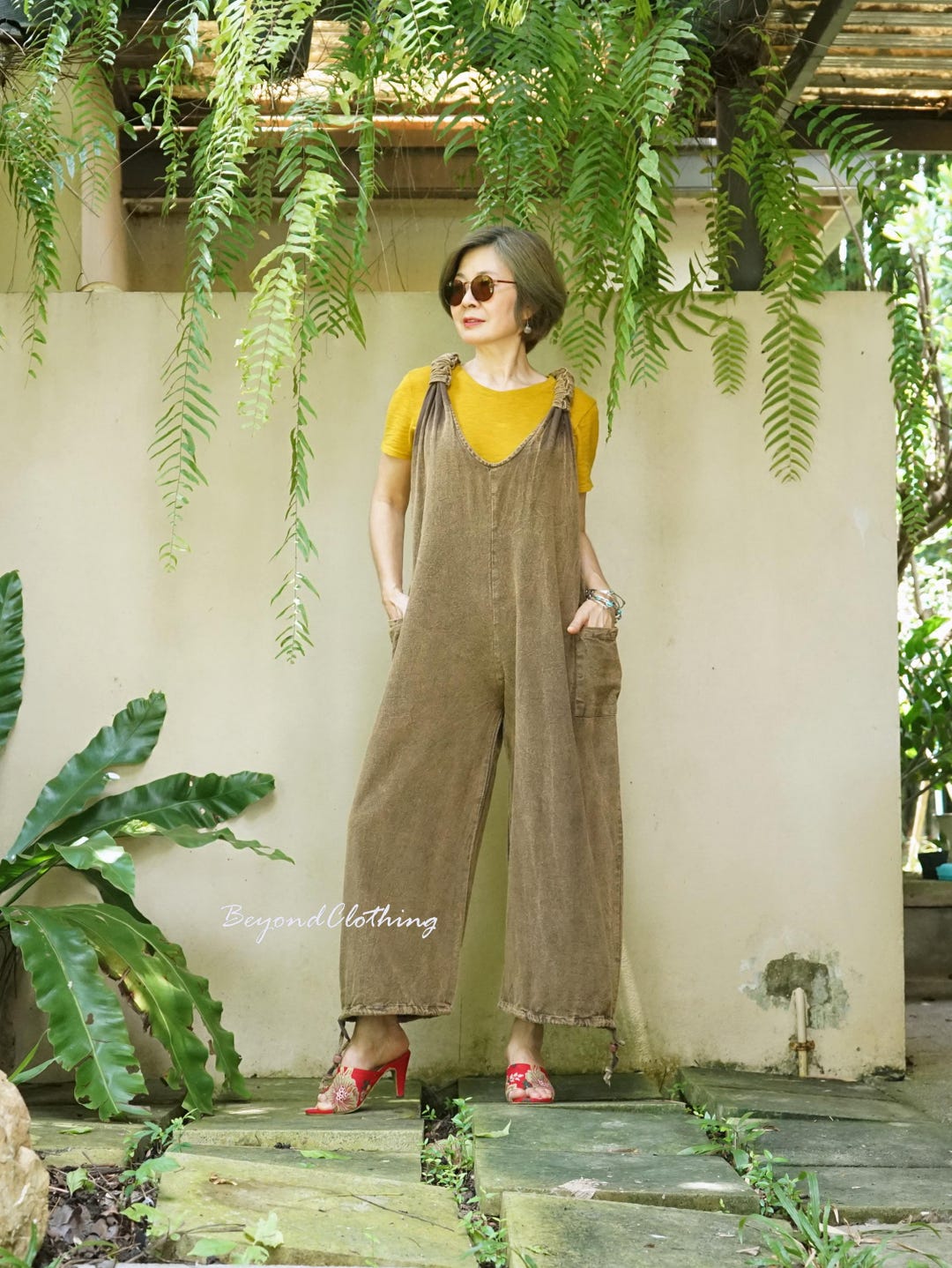Boho Stonewashed Cotton Jumper Romper: Ruch Straps, Y-back, Drawstring ...