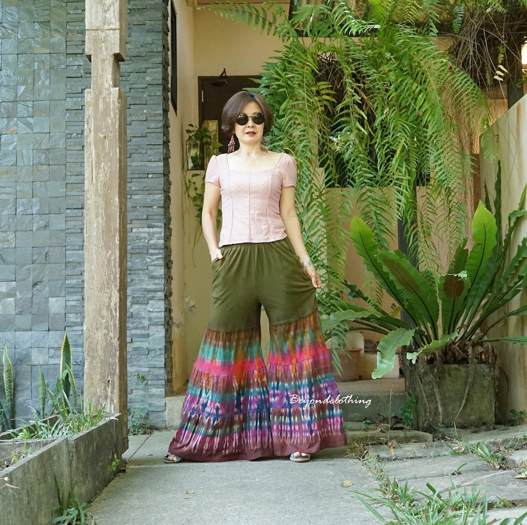 Boho Hippie Wide Leg Tie Dye Pants, Flare Bottom Pants, Ruffle Tiered ...