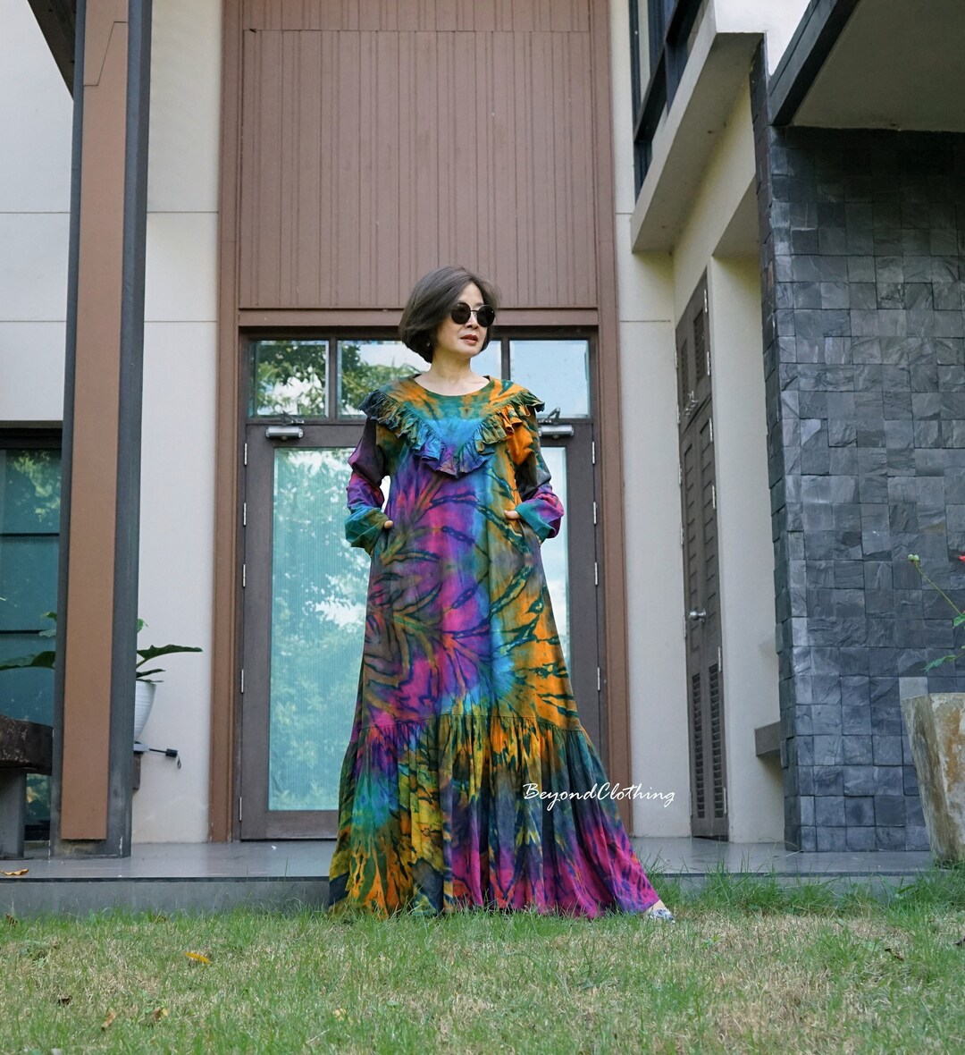 Boho Tie Dye Ruffle Chest Long Sleeve Maxi Dress, Hippie Bohemian Maxi ...