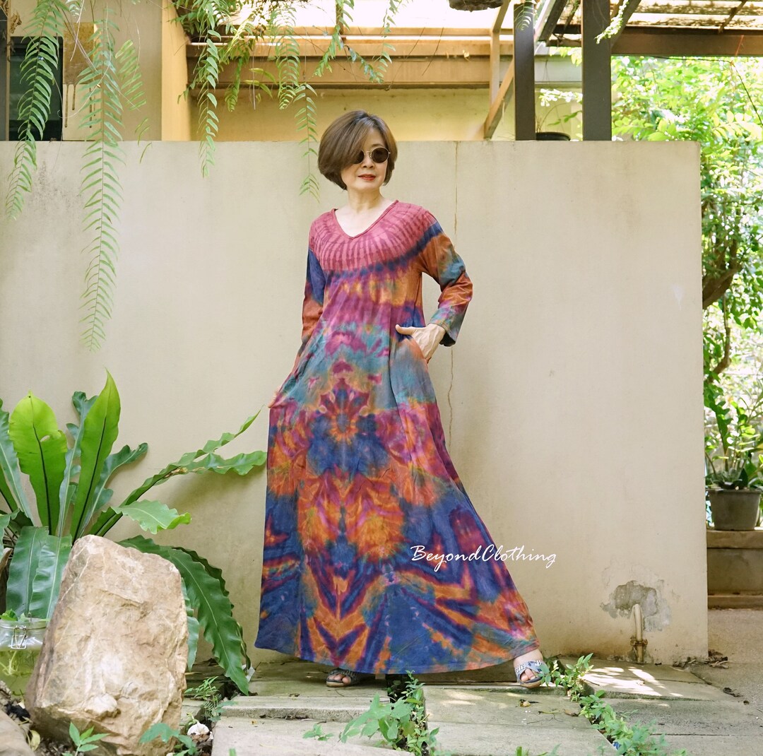 Boho Tie Dye V Neck Long Sleeve Maxi Dress, Hippie Bohemian Maxi Dress ...