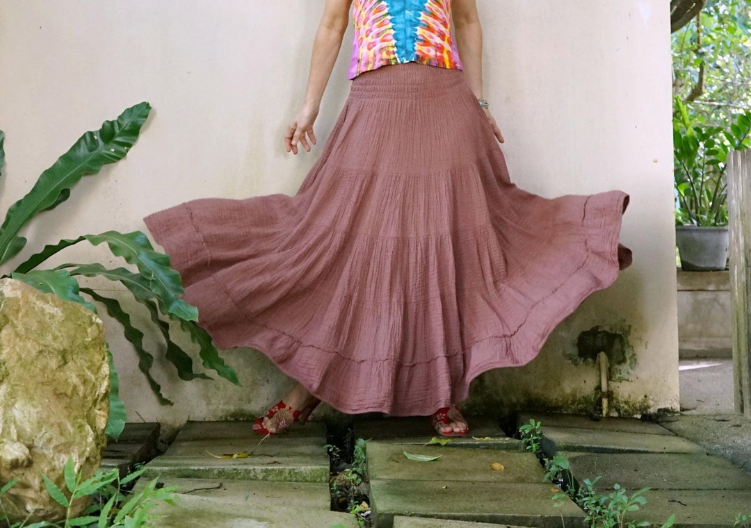 Boho Flare Tiered Maxi Rosy Brown Double Gauze Cotton Skirt or Tube ...