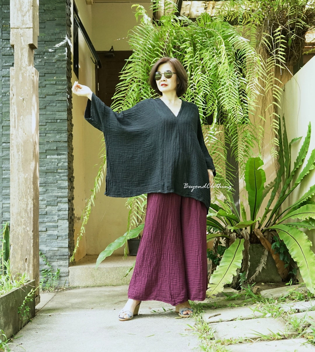 Boho Black Double Gauze Cotton Poncho Top, Oversized Freesize Pullover ...