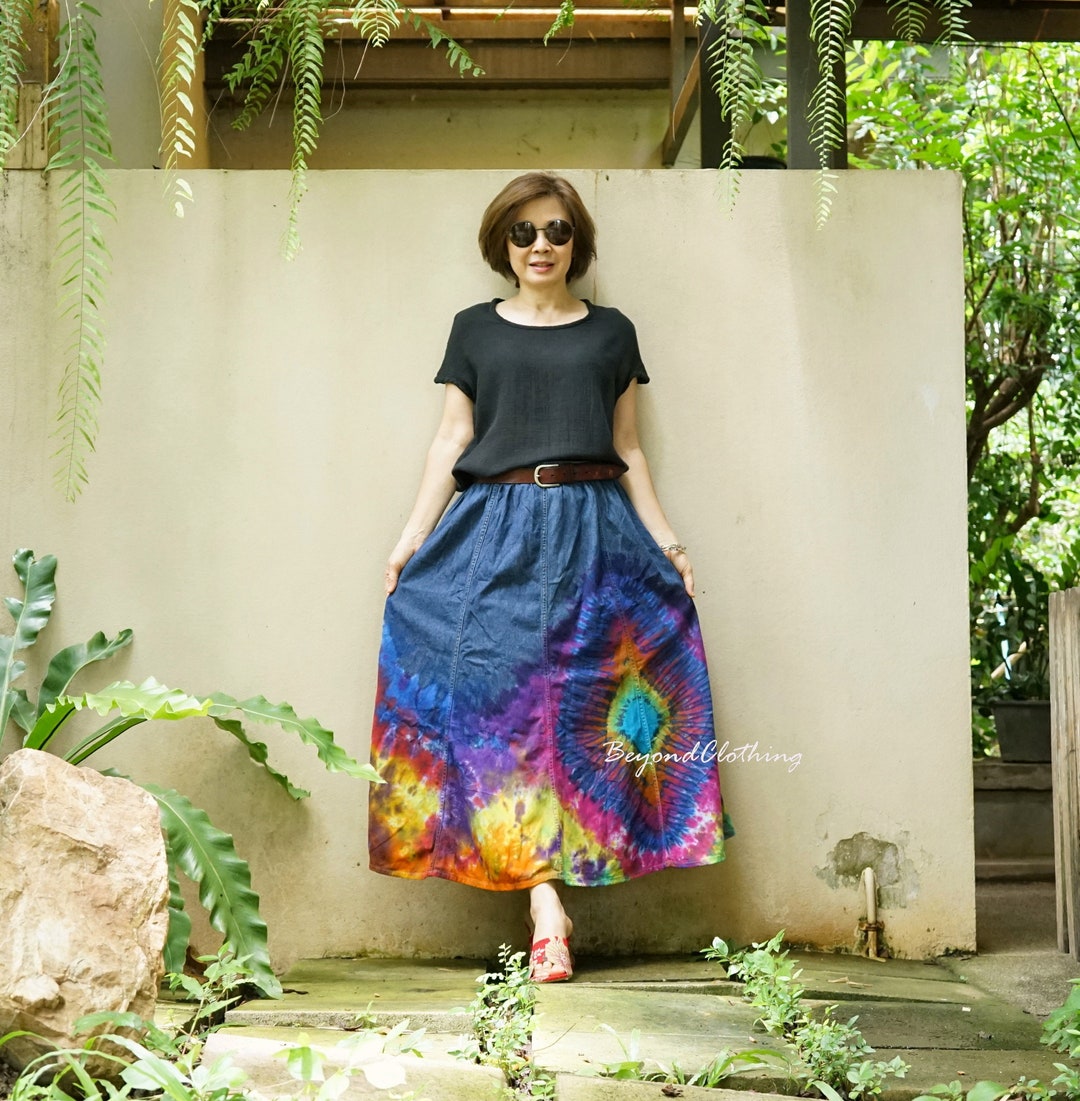 Upcycled Tie Dye Denim Skirt, Boho Hippie Flare Tie Dye 8 Paneled Denim ...