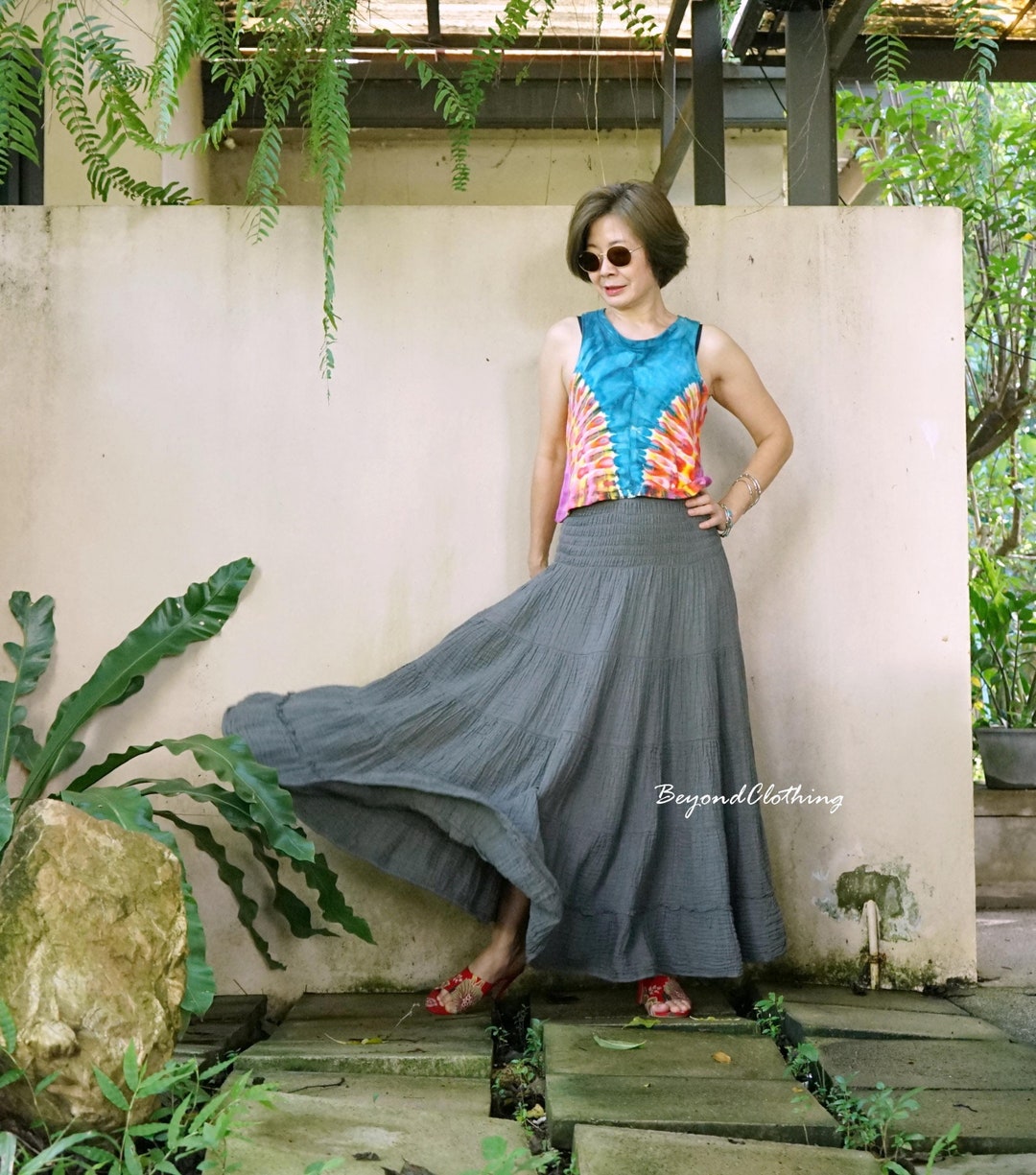 Boho Dark Gray Double Gauze Cotton Maxi Skirt: Smocked Waist Tiered ...