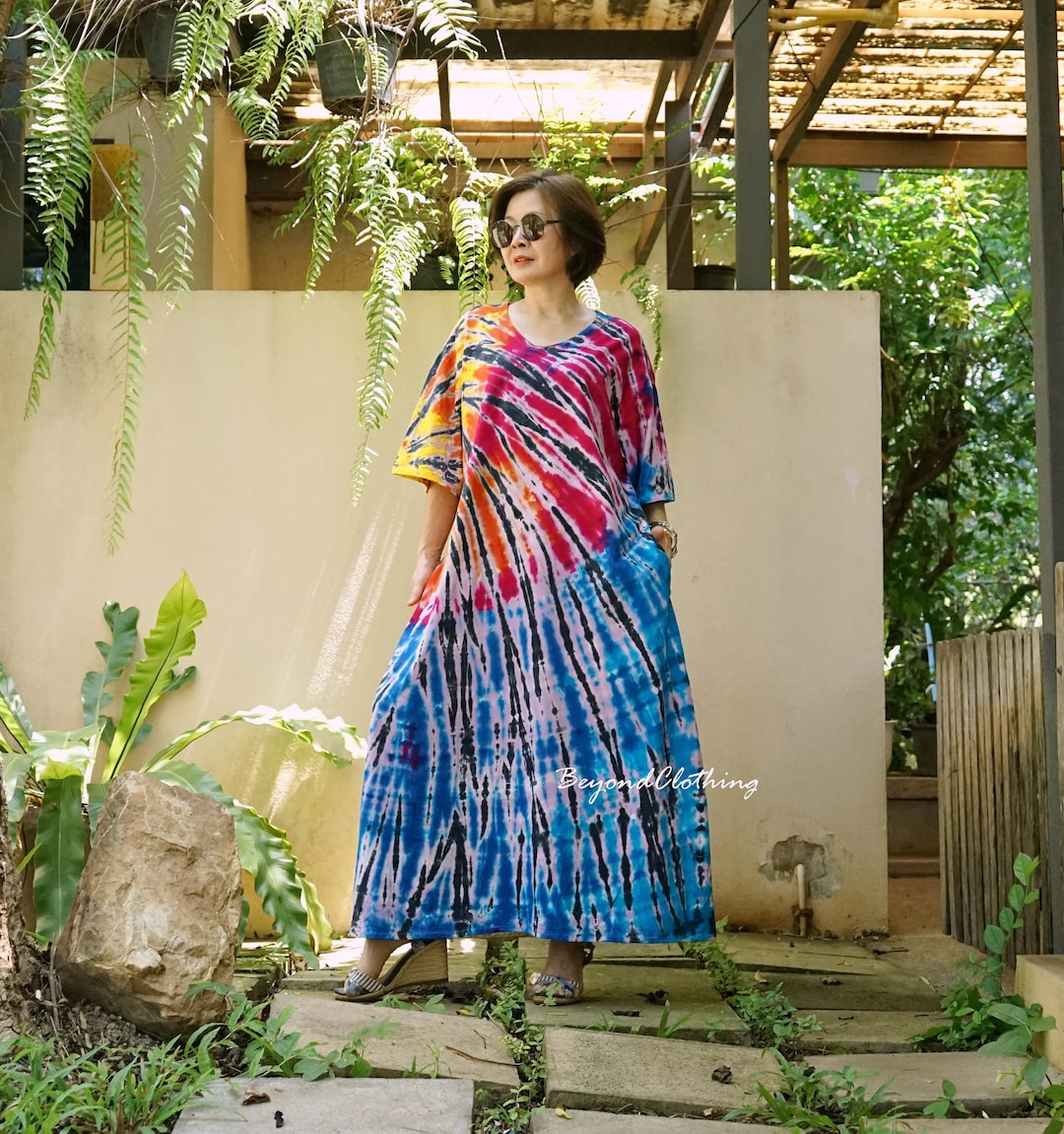Plus Size Tie Dye Dress, Boho Short Sleeve V Neck Colorful Tie Dye Maxi ...