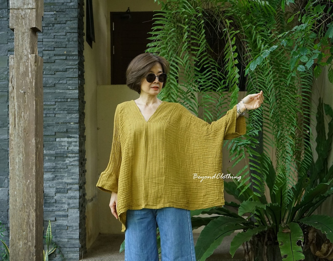 Boho Mustard Double Gauze Cotton Poncho Top: Oversized V-neck Dolman ...