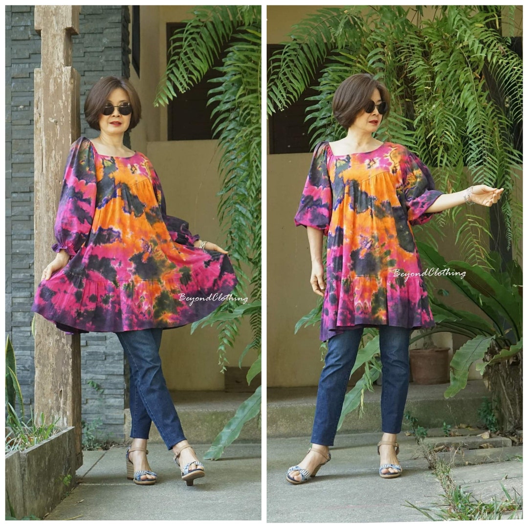 Tie Dye Asymmetric Neck Puff Sleeve Tunic Top, Tie Dye Ruffle Hem ...