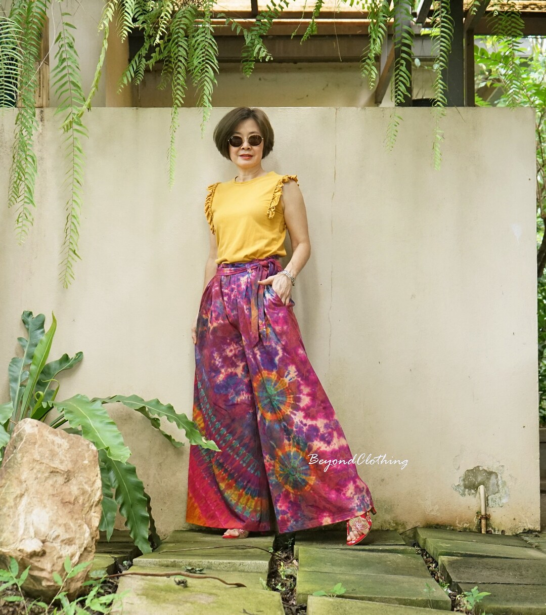 Plus Size Tie Dye Palazzo Pants, Tie Dye Wide Leg Pants With Sash, Back ...