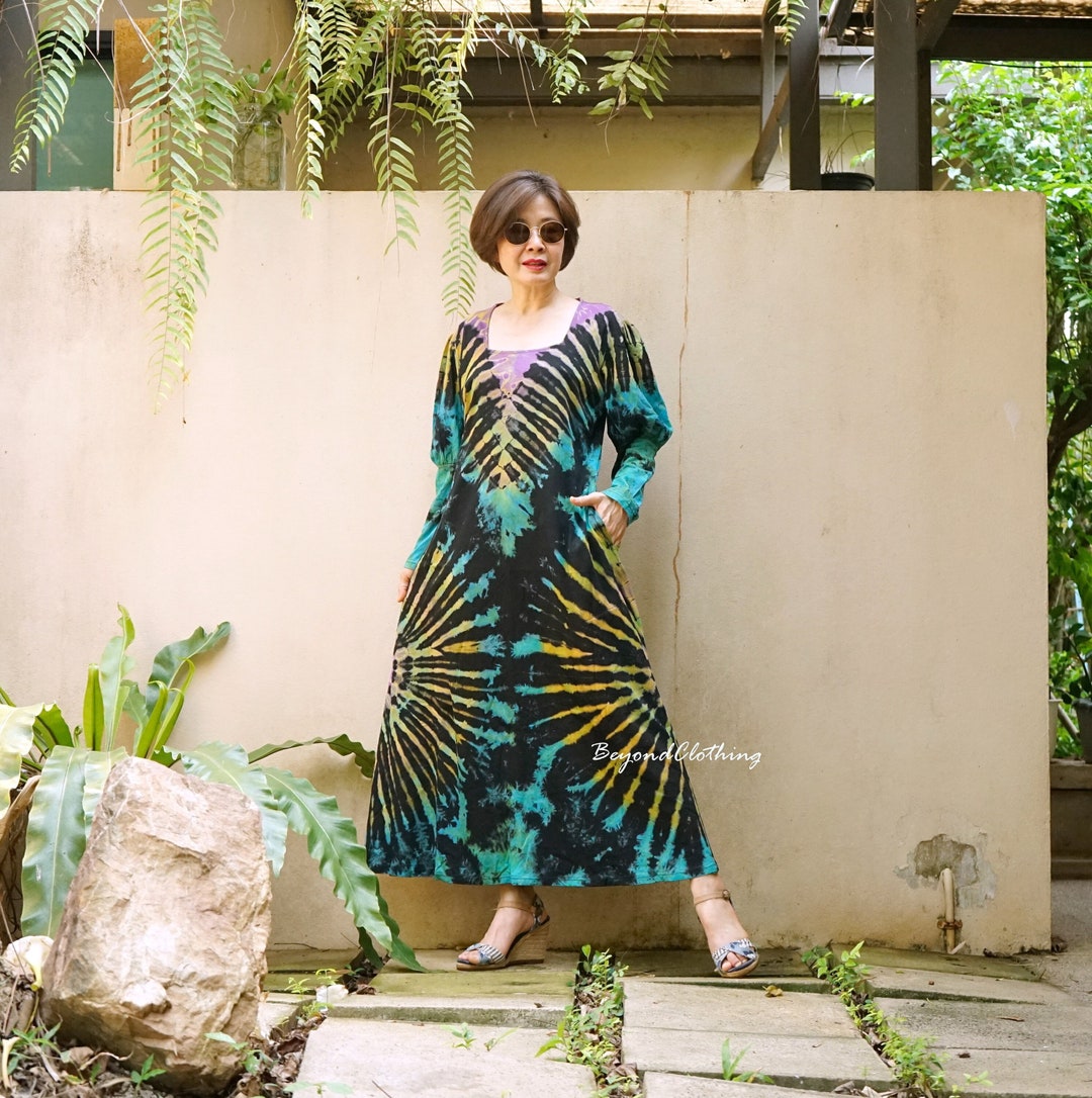 Boho Tie Dye Square Neck Mutton Sleeve Maxi Dress, Bohemian Maxi Dress ...