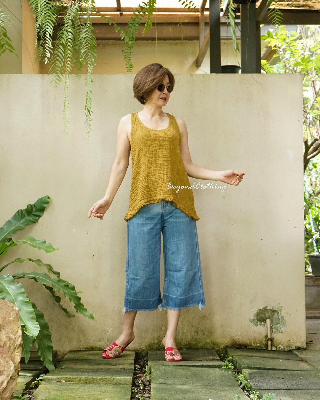 Women's Double Gauze Cotton Tank, Scoop Neck Mustard Double Gauze ...