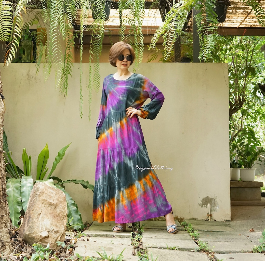 Tie Dye Rayon Maxi Dress, Long Sleeve Tiered Boho Dress LD43A - Etsy