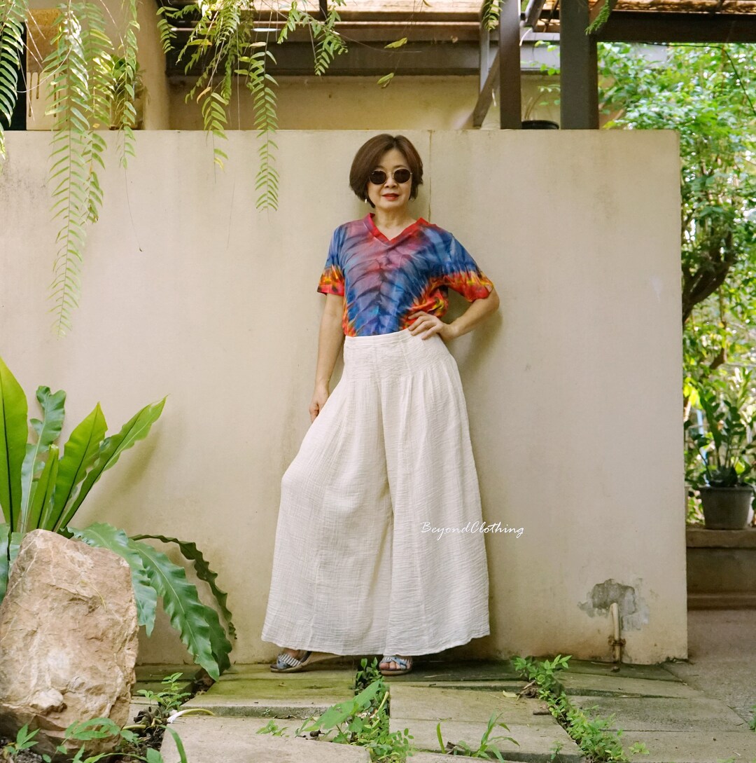 Boho Smocked Waist Wide Leg Pants, Boho Creamy White Double Gauze ...