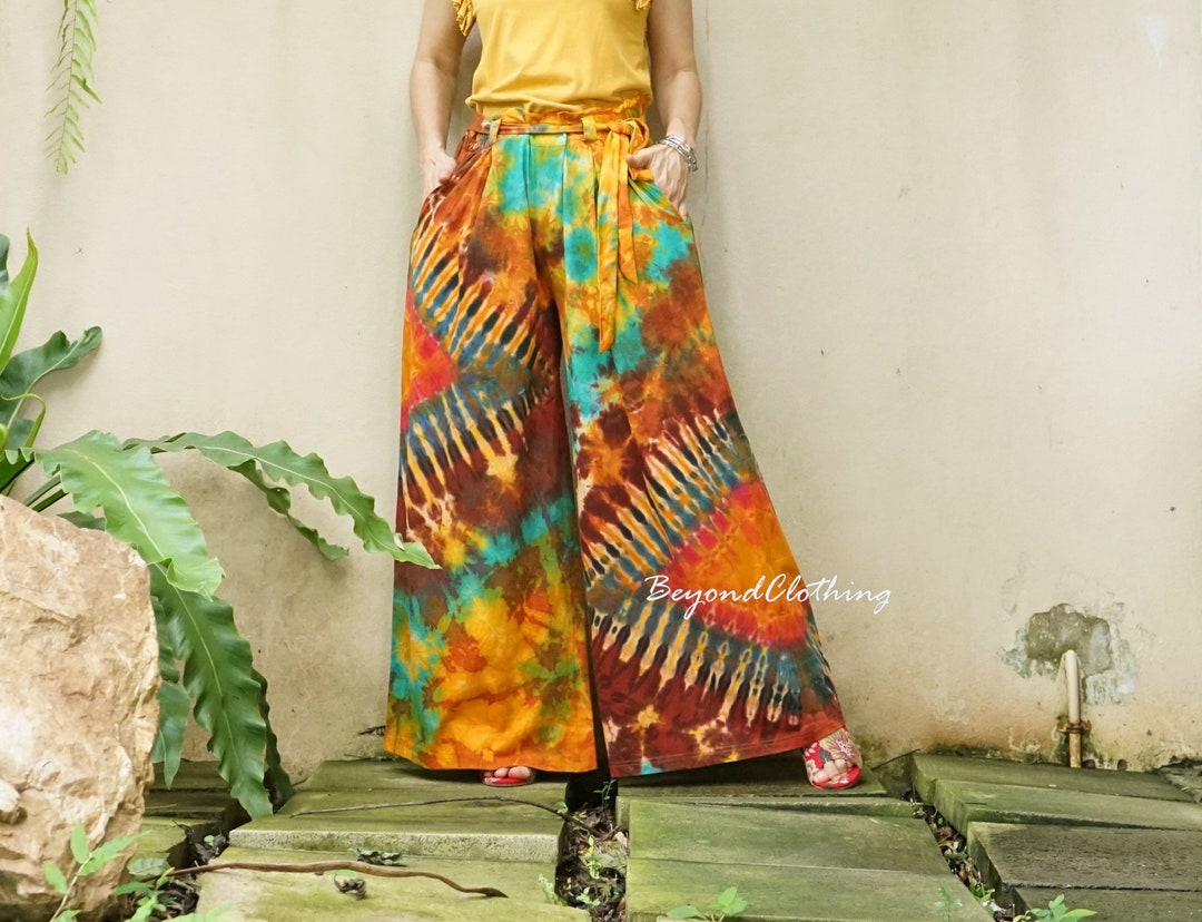Plus Size Tie Dye Palazzo Pants, Tie Dye Wide Leg Pants With Sash, Back ...