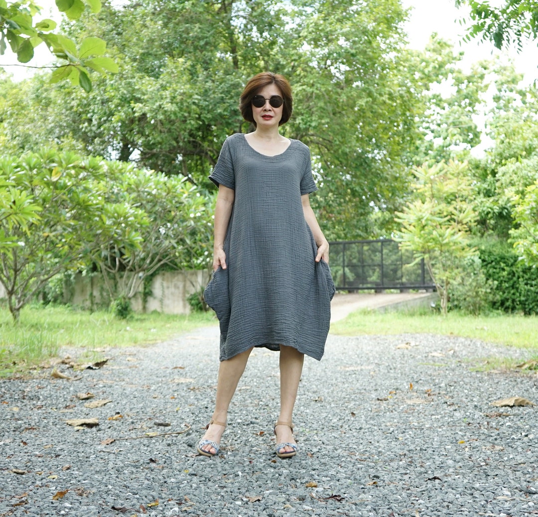 Boho Dark Gray Cotton Tunic Dress: Scoop Neck Tulip Hem - DB2 - Etsy