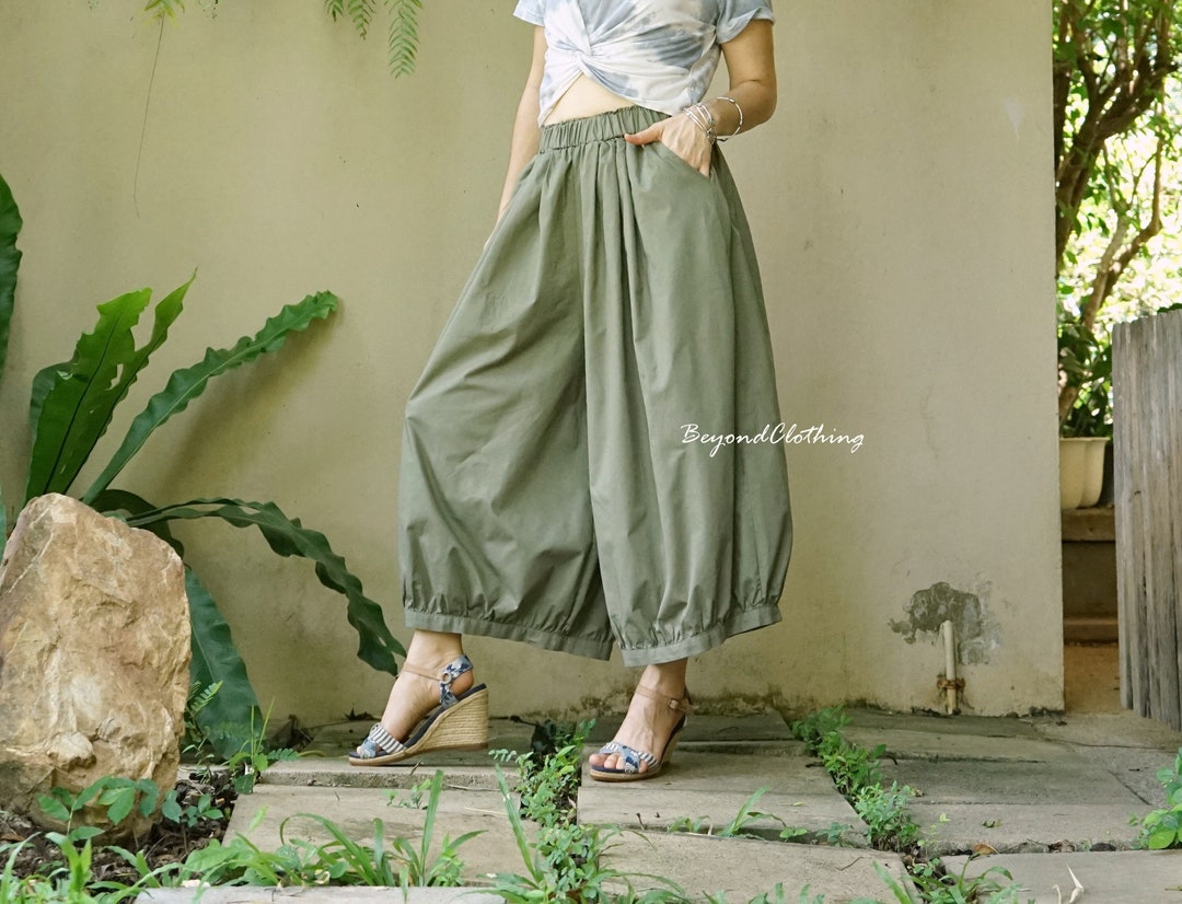 Boho Pleated Waist Gathered Balloon Hem Dusty Olive Green Pants ...