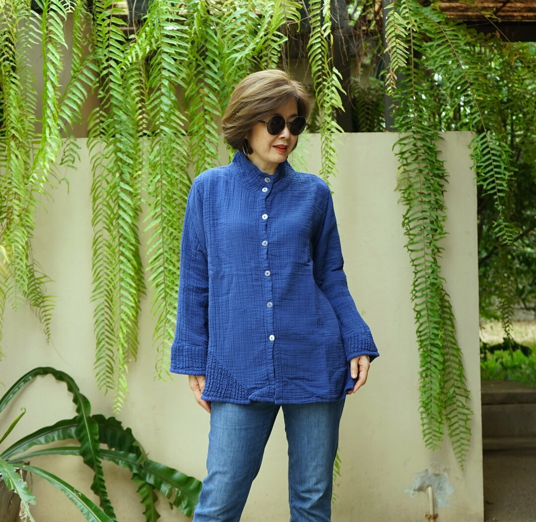 Long Sleeve Band Collar Front Button Opening Dark Navy Blue Double ...