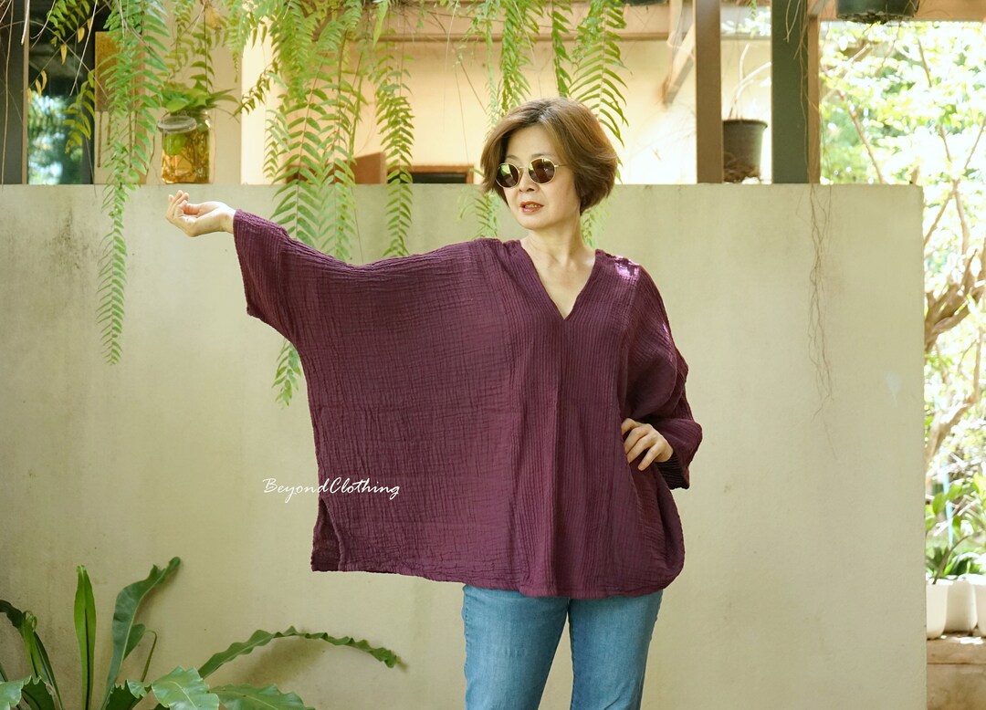 Boho Plum Purple Double Gauze Cotton Poncho Top, Oversize 3/4 Dolman ...