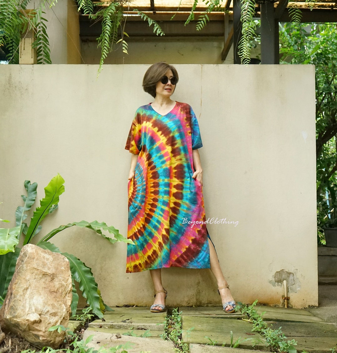 Tie Dye Plus Size Dress: Boho V Neck Short Sleeve Festival Dress- LD36G ...