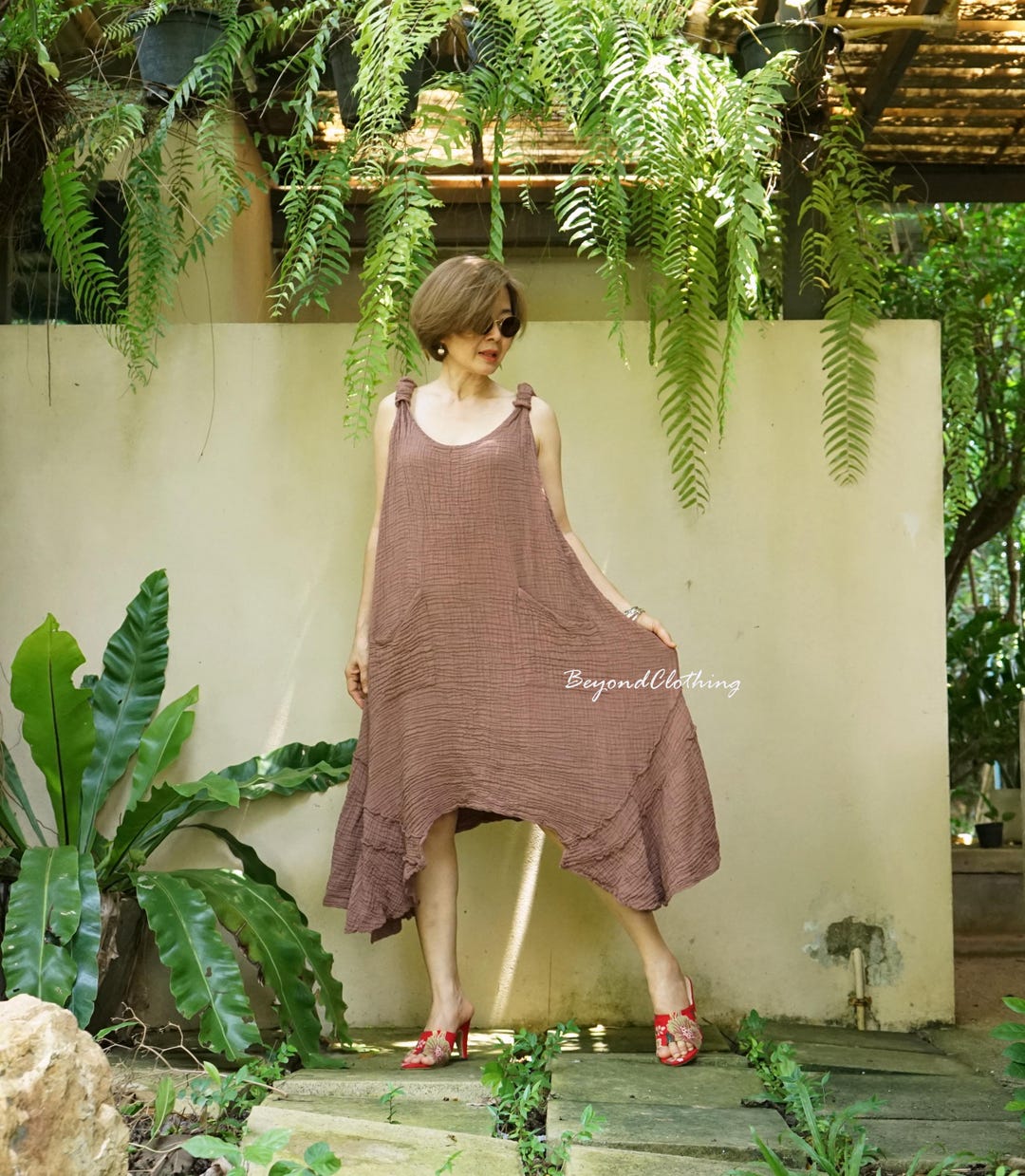 Dark Old Rose Gauze Cotton Dress: Sleeveless Boho Asymmetrical Midi ...