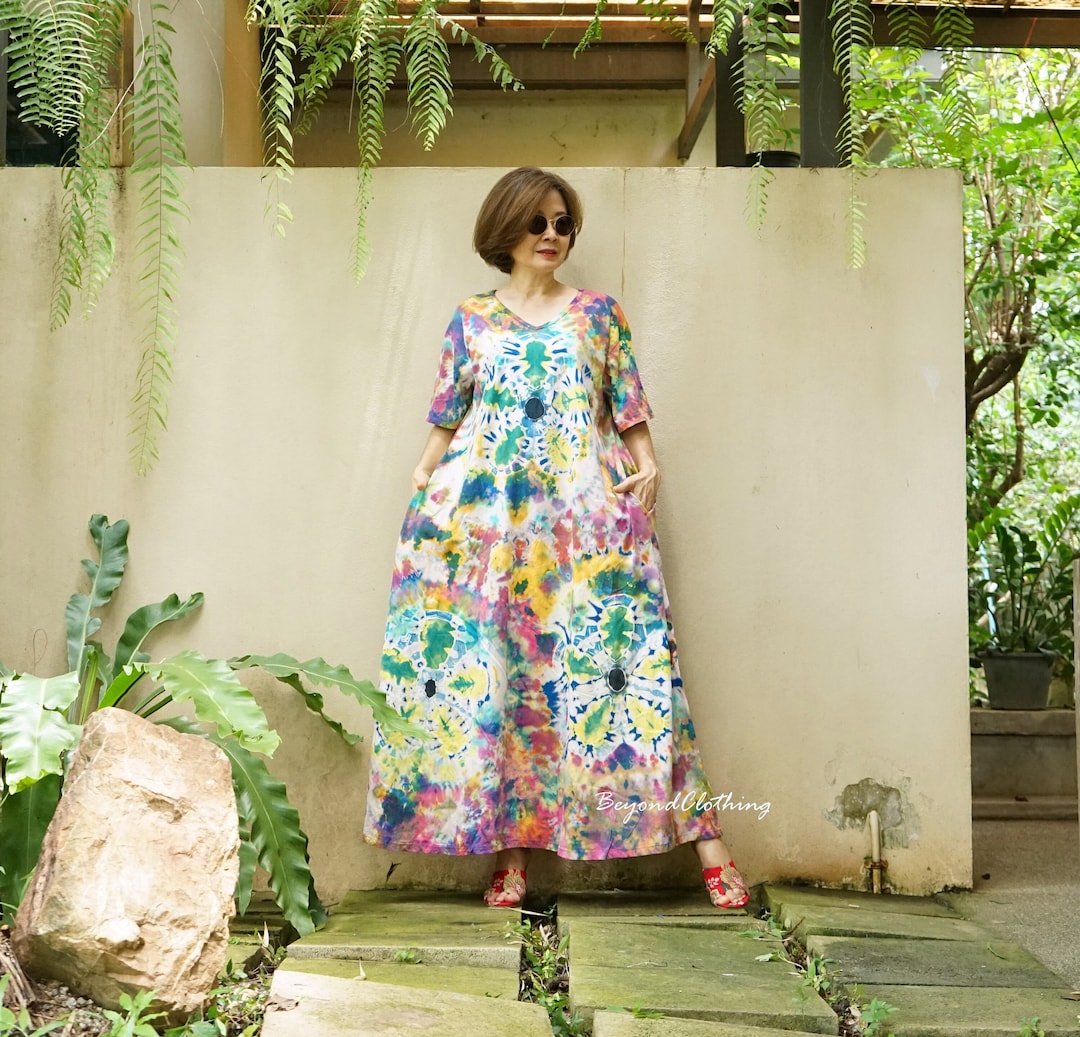 Boho Tie Dye Plus Size Dress, Hippie Plus Size Tie Dye V Neck Dress ...
