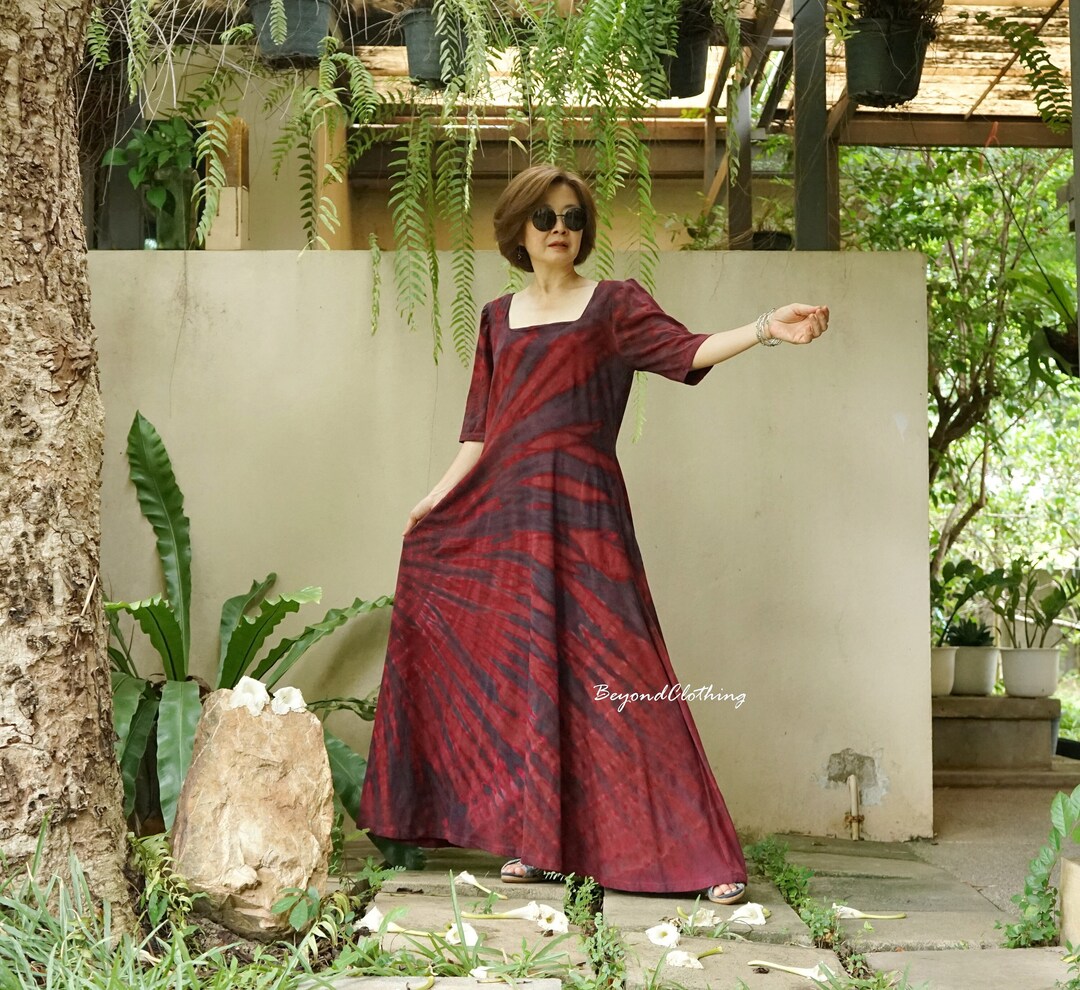 Boho Tie Dye Square Neck Half Gathered Sleeve Dress, Hippie Bohemian ...