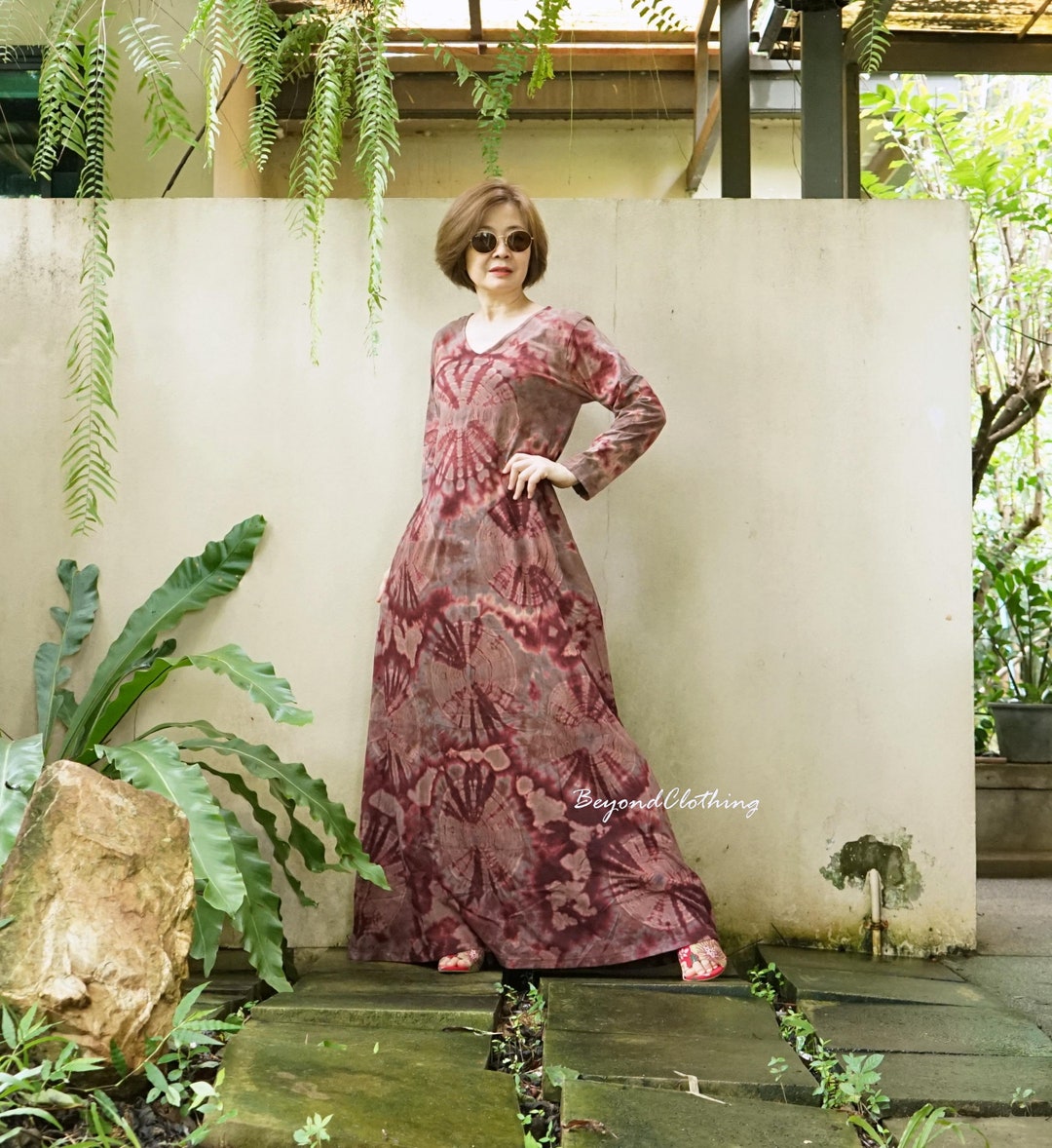 Boho Tie Dye V Neck Long Sleeve Maxi Dress, Hippie Bohemian Maxi Dress ...