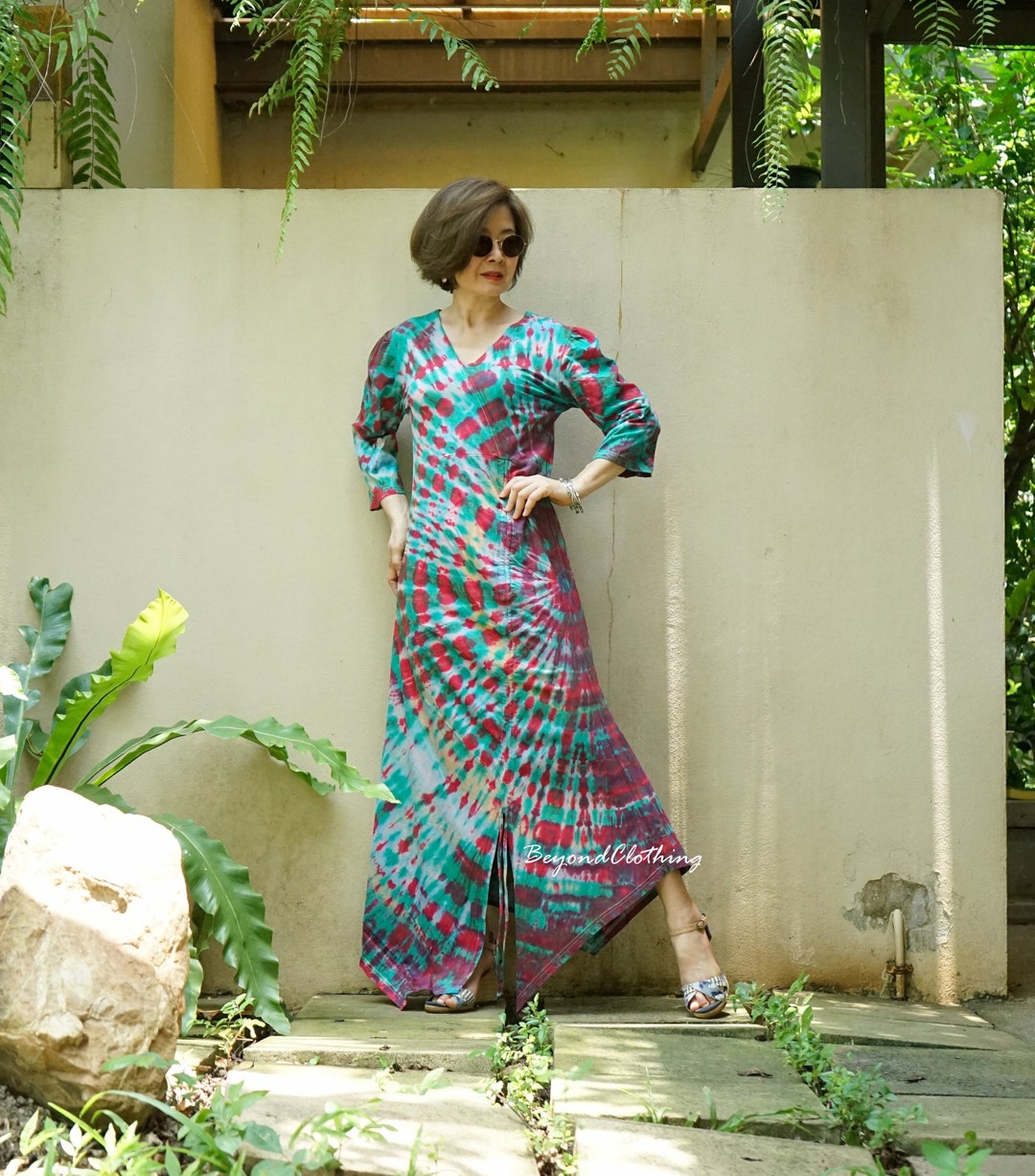 2 Style Tie Dye Front Slit Dress With Adjustable Ruching Tie, Boho V ...