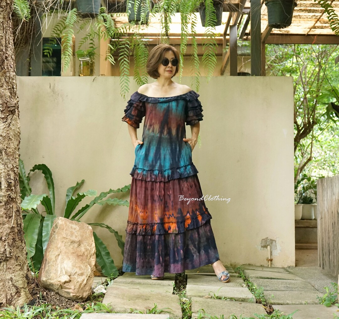 Tie Dye Maxi Dress: Ruffle Sleeve off Shoulder Cotton Tiered Dress ...