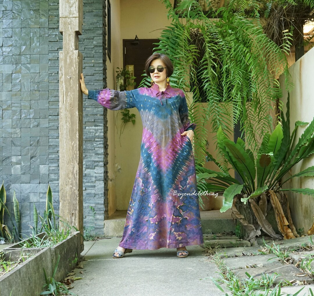Boho Tie Dye Band Collar Puff Long Sleeve Maxi Dress Bohemian Maxi ...