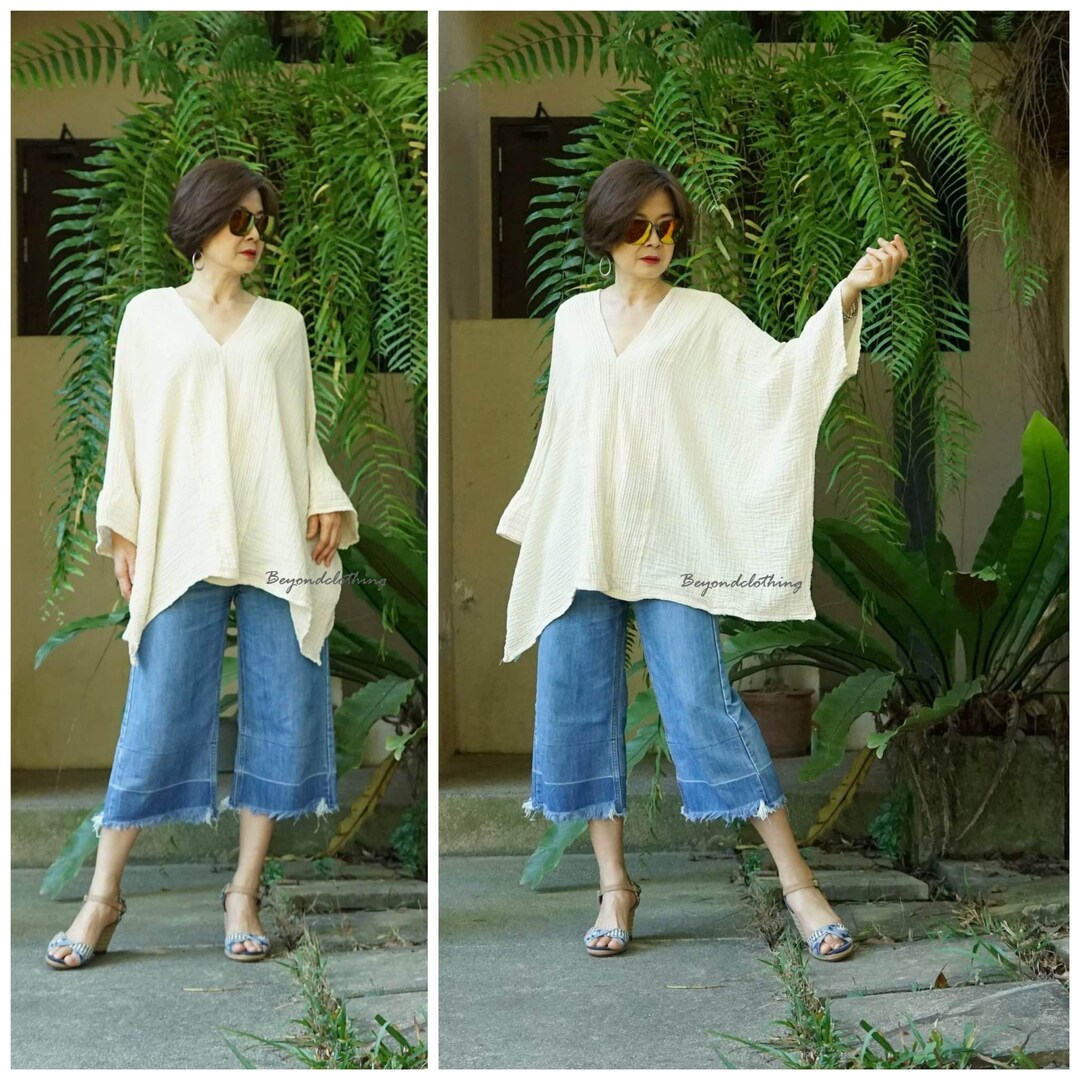 Boho Creamy White Double Gauze Cotton Poncho Top, Oversize 3/4 Dolman ...