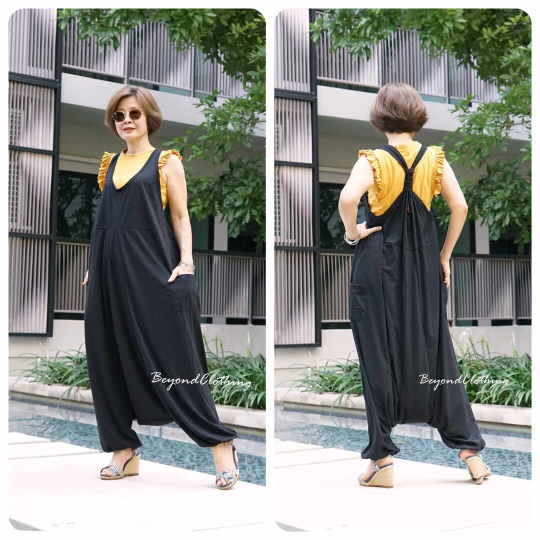 Black Cotton Mix Baggy Harem Tank Romper, Black Harem Jumpsuit ...